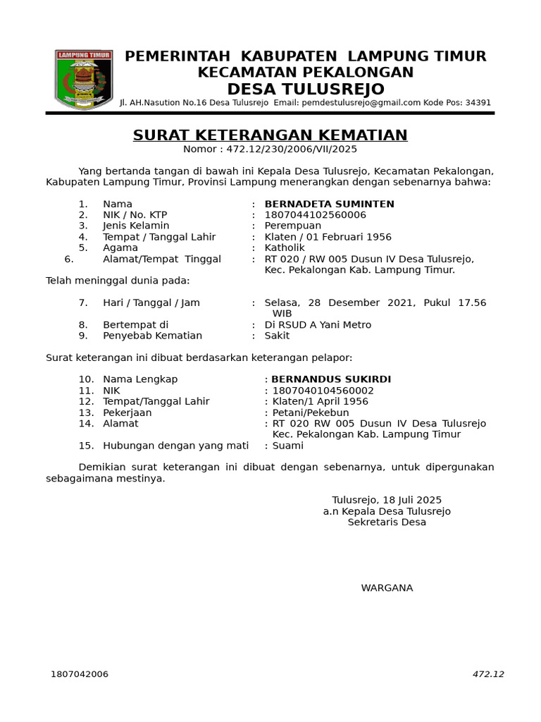 Surat Ket KematiaN JUMINTEN | PDF