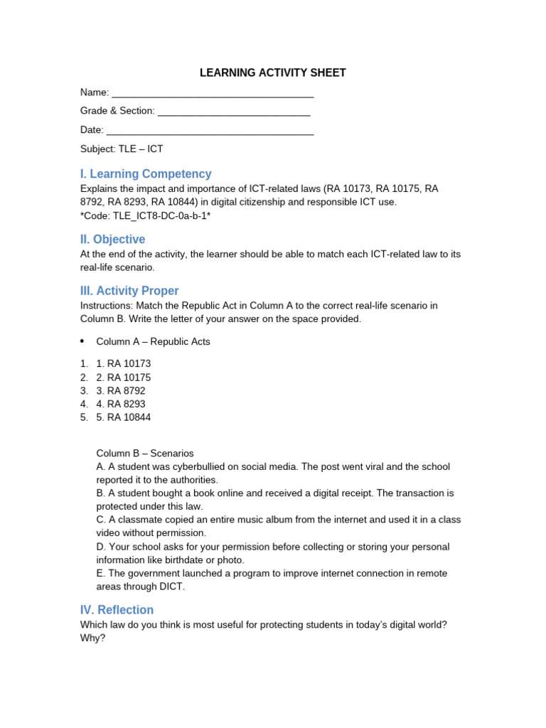 Learning Activity Sheet ICT Laws | PDF