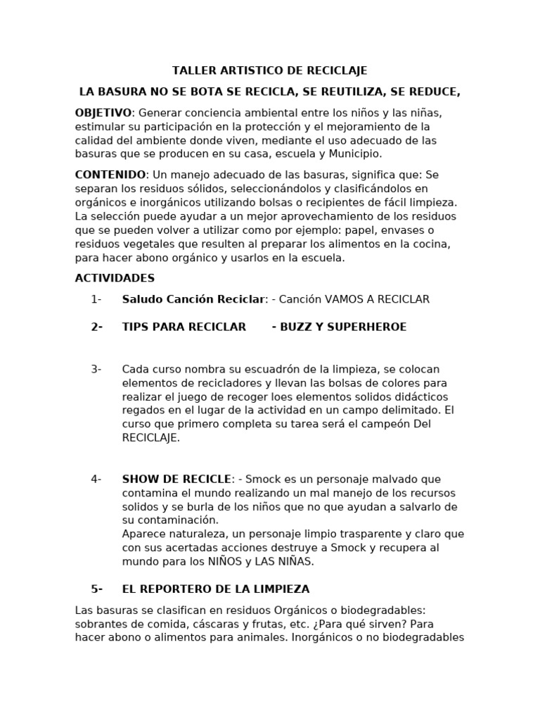 Taller Artistico La Basura No Se Bota Se Recicla y Se Reutiliza | PDF ...