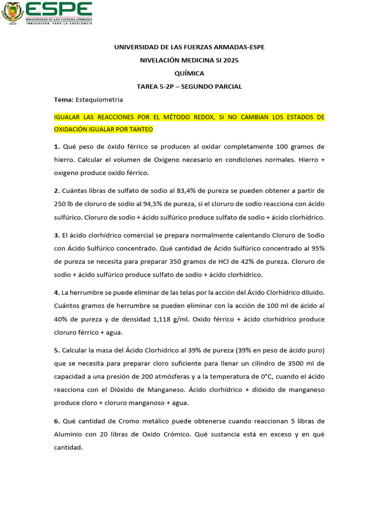 Tarea 5-2P. Estequiometria | PDF | Ácido clorhídrico | Ácido