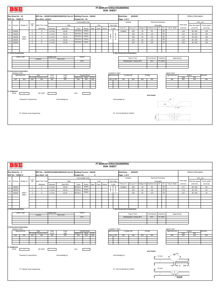 GMAW Run Sheets for ASME IX Welding | PDF | Welding | Construction