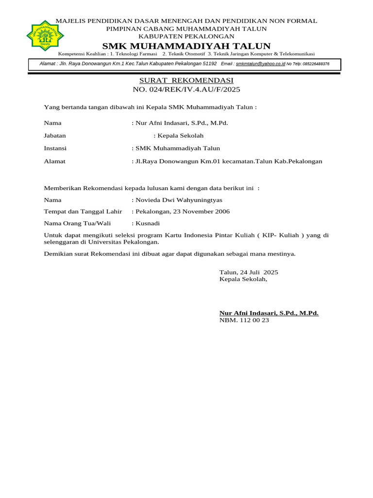 Surat Rekomendasi Kuliah Jalur KIP | PDF