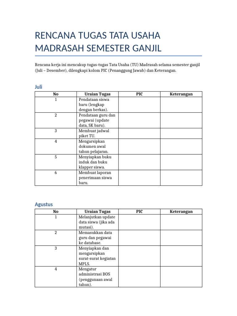 Rencana Tugas TU Semester Ganjil Tabel | PDF