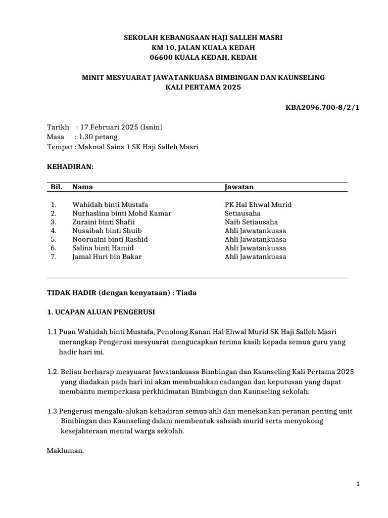 Minit Mesyuarat BNK Kali Pertama 2025 | PDF