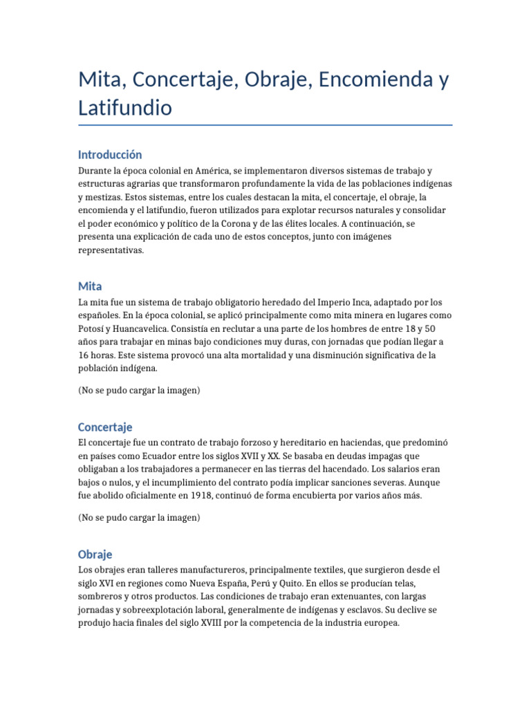 Mita Concertaje Obraje Encomienda Latifundio IMAGENES | PDF | Economias