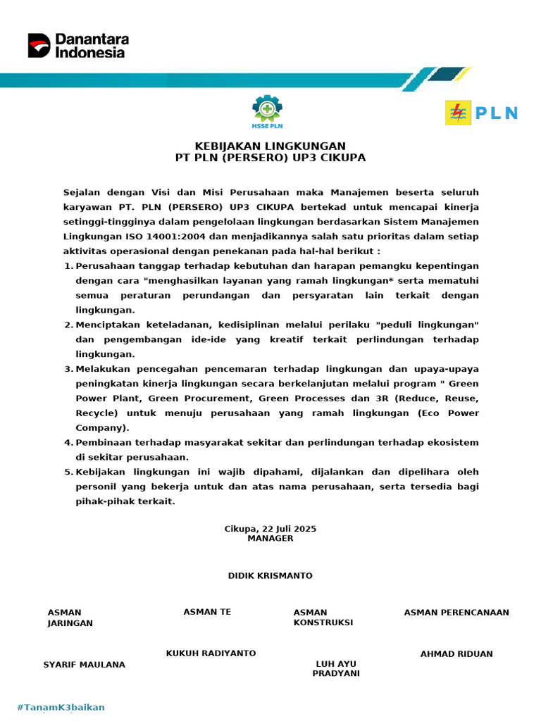 Kebijakan Lingkungan dan Narkoba PLN Cikupa | PDF