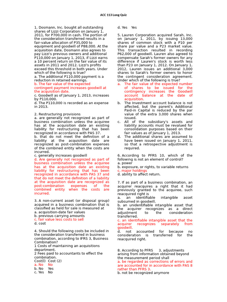 ACC 113 Business Combination Quiz | PDF | Mergers And Acquisitions ...