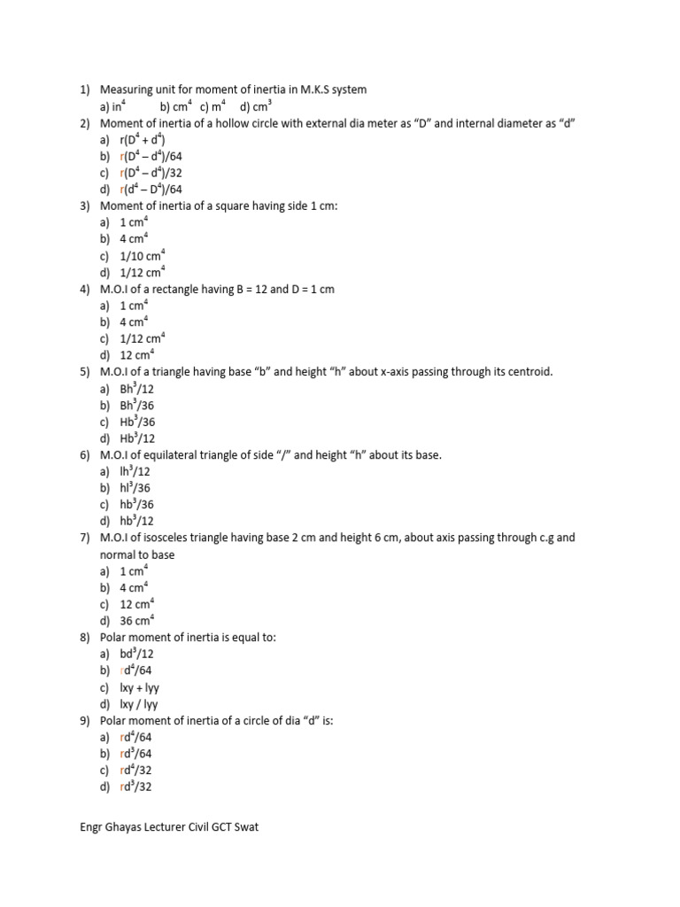 Civil Engineering Moment of Inertia Quiz | PDF | Young's Modulus | Beam ...