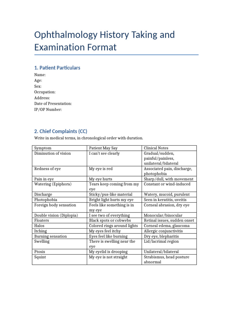 Ophthalmology History Taking Format | PDF | Diseases And Disorders ...