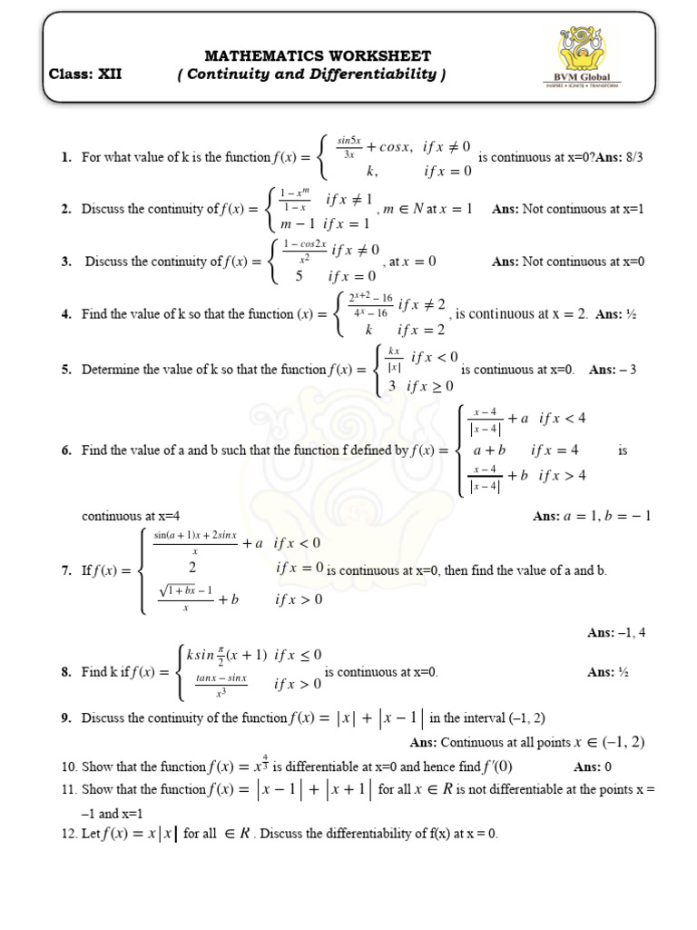 Continuity and Differentiability Worksheet | PDF | Chess | Chess Theory