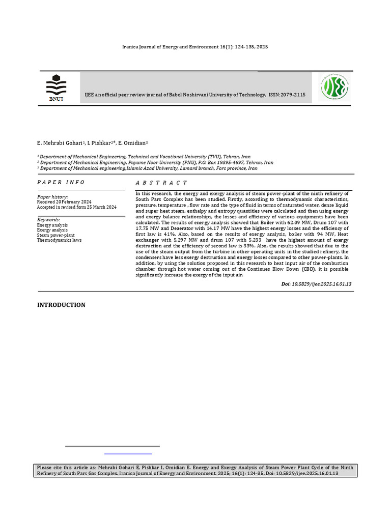 IJEE Volume 16 Issue 1 Pages 124-135 | PDF | Exergy | Steam