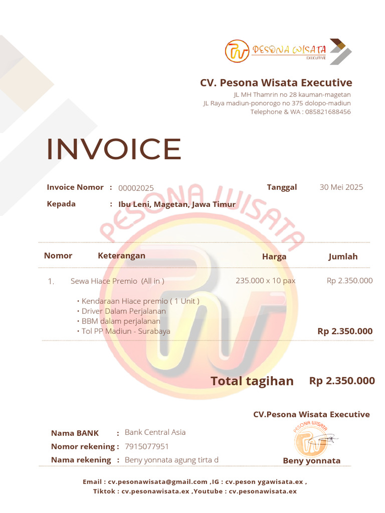 Invoice Sewa Hiace | PDF