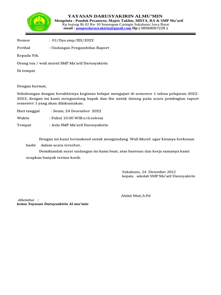 Undangan Pembagian Raport SMP Ma'arif | PDF