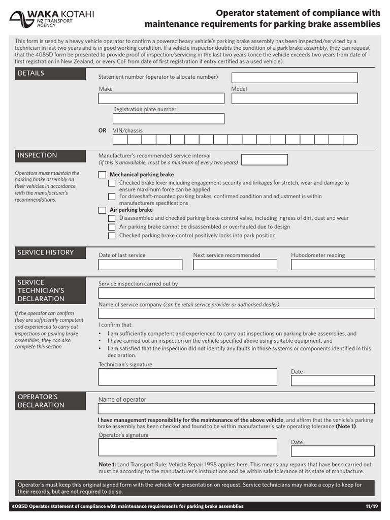 Parking Brake Assembly Compliance Form | PDF | Vehicle Technology ...