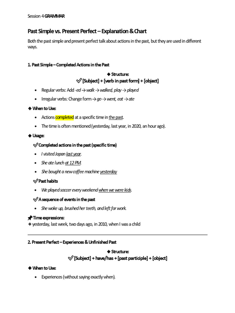 4-1. Past Simple vs. Present Perfect - Explanation & Chart | PDF ...