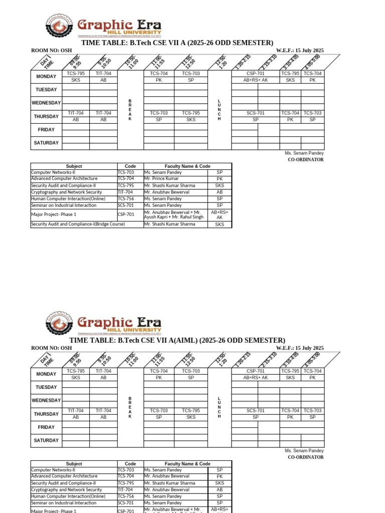 B.Tech CSE VII Semester Timetable 2025-26 | PDF | Computing ...