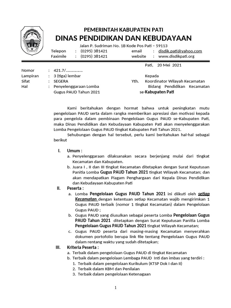 3.edaran Juknis Lomba Gugus Paud 2021 | PDF