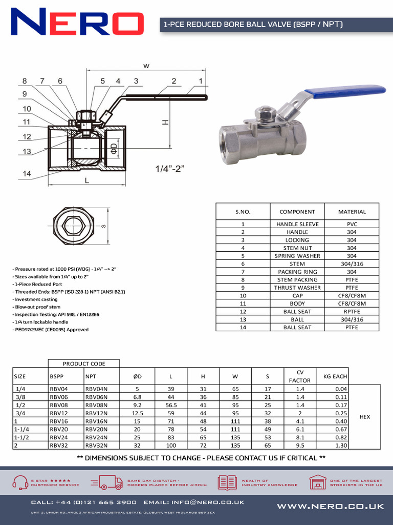 1 Pce Red Bore Ball Valve BSPP NPT | PDF