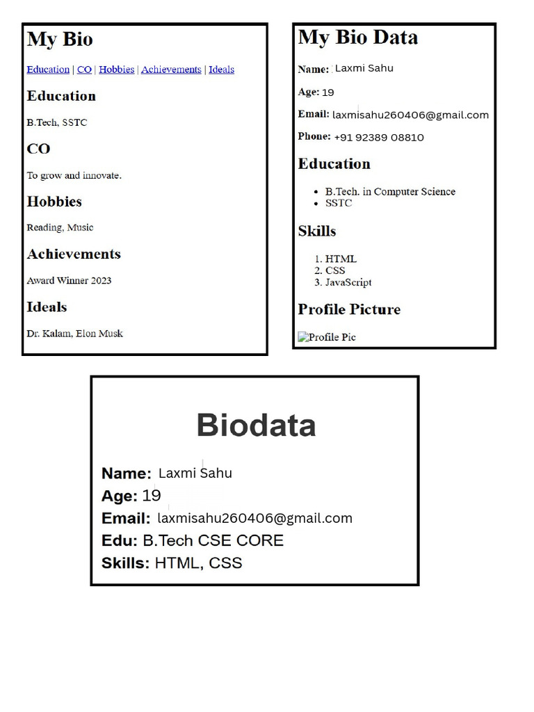 !DOCTYPE HTML HTML Head TitleMy Bio Datatitle Head Body H1my Bio Datah1 ...