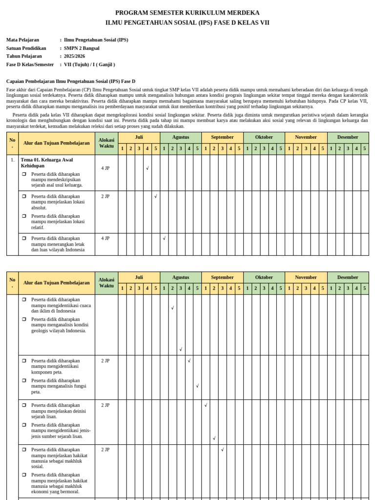 Program Semester IPS Kelas VII 2025/2026 | PDF