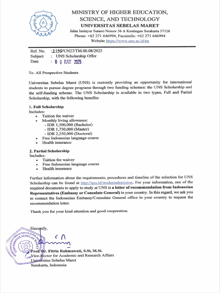 Letter of Offer - UNS Scholarship For August 2026 | PDF