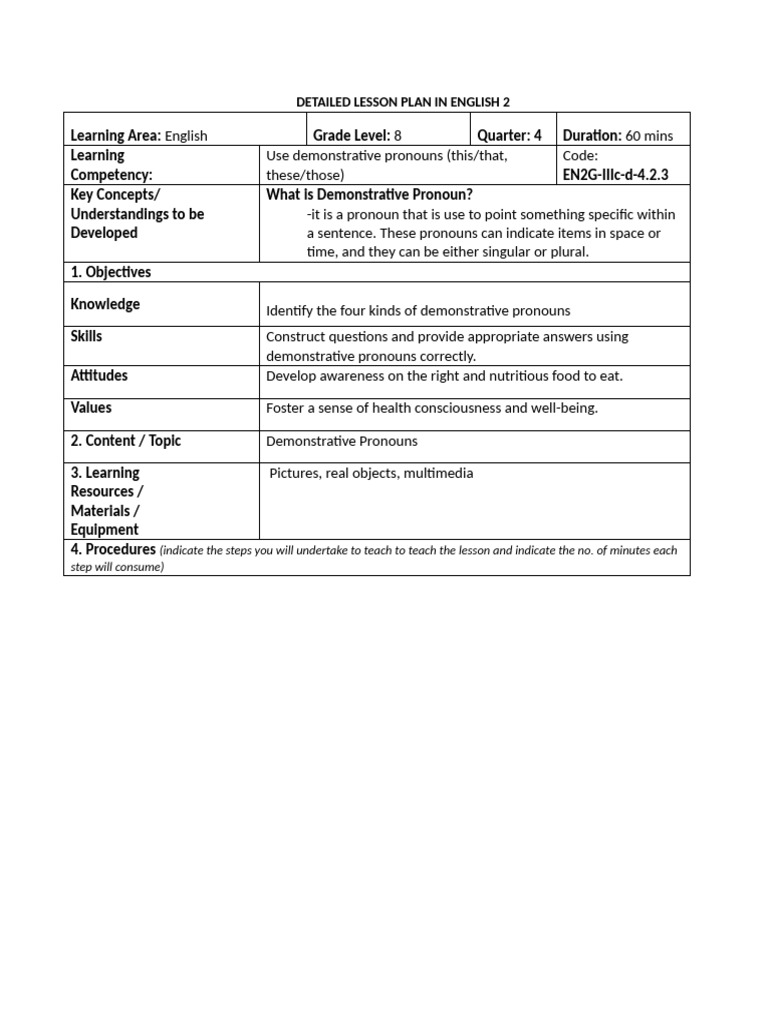 Demonstrative Pronouns Lesson Plan | PDF | Lord's Prayer | Learning