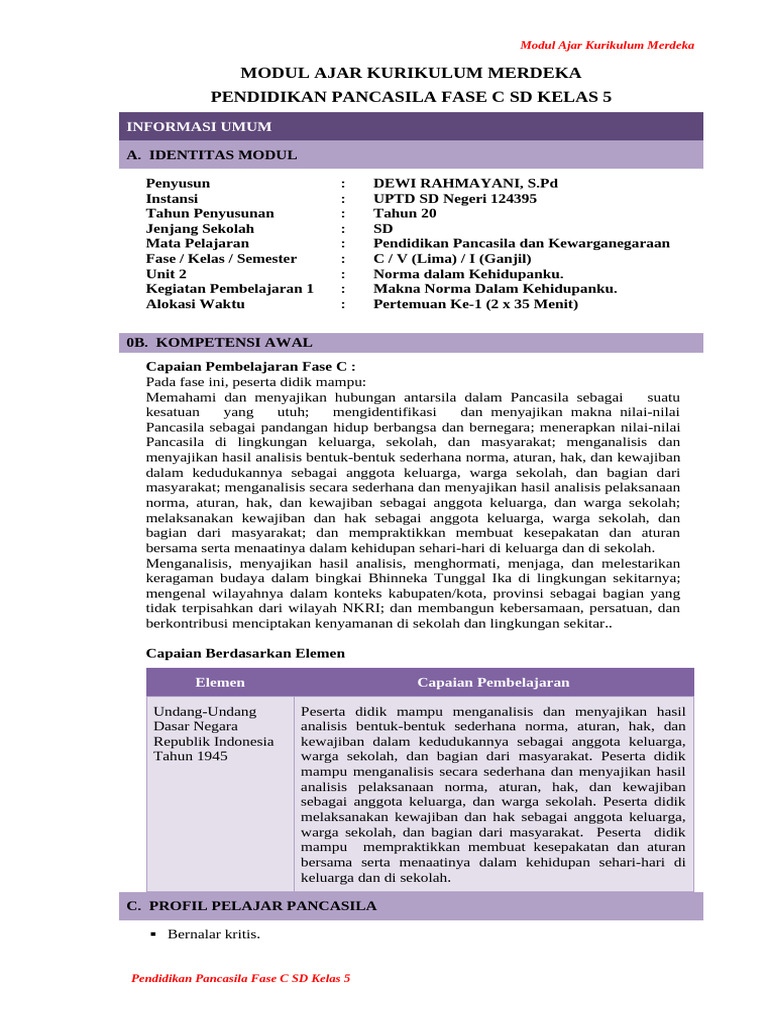 Modul Ajar Pancasila Kelas 5 SD | PDF