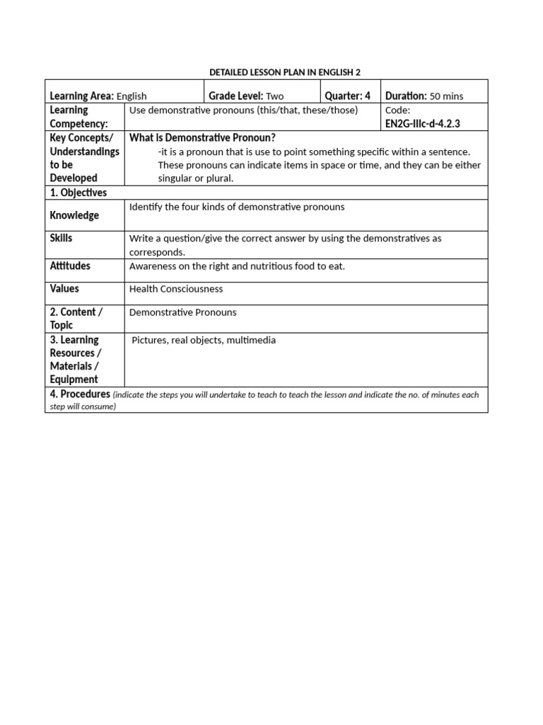 English Lesson Plan: Demonstrative Pronouns | PDF | English Language ...