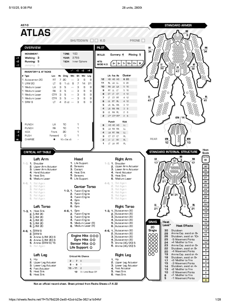 Atlas AS7-D Mech Record Sheet | PDF