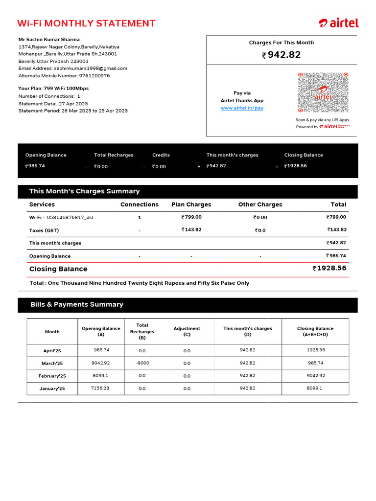 Wi-Fi Monthly Statement: This Month's Charges Summary | PDF | Payments