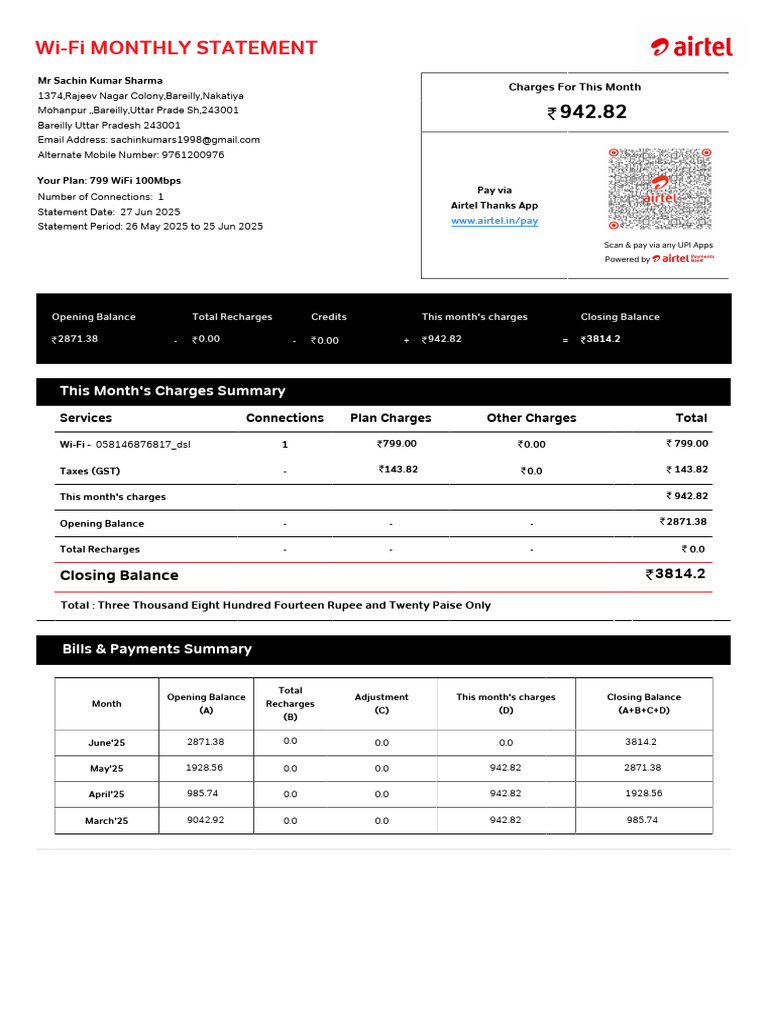 Wi-Fi Monthly Statement: This Month's Charges Summary | PDF | Credit ...