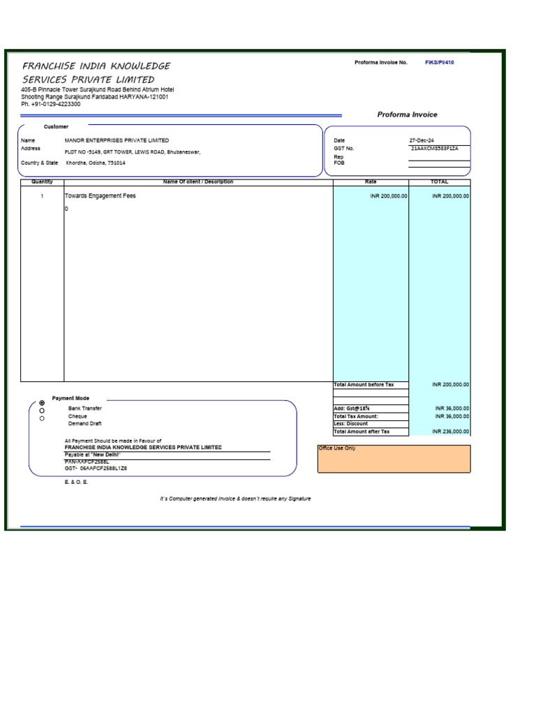 Proforma Invoice for Engagement Fees | PDF | Money | Payments
