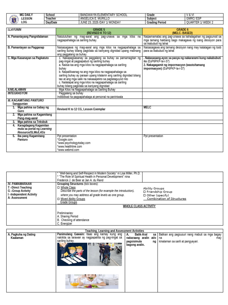 Dll-Q1-W1-Day1.gmrc-Esp - Matatag | PDF
