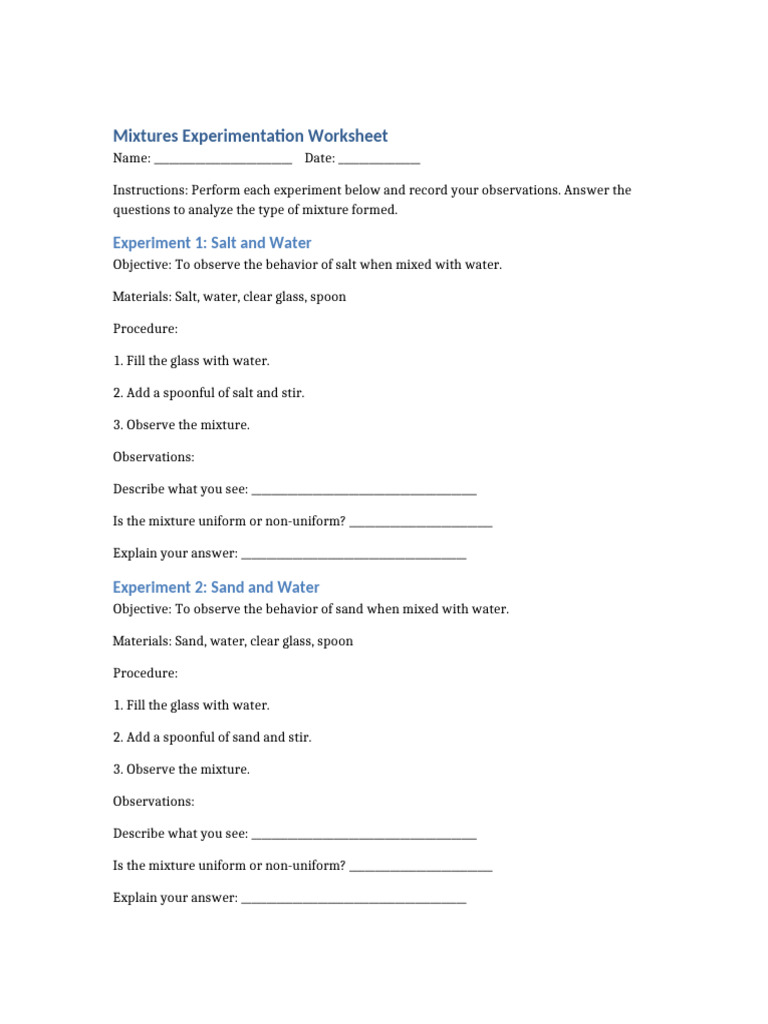 Updated Mixtures Experiment Worksheet | PDF