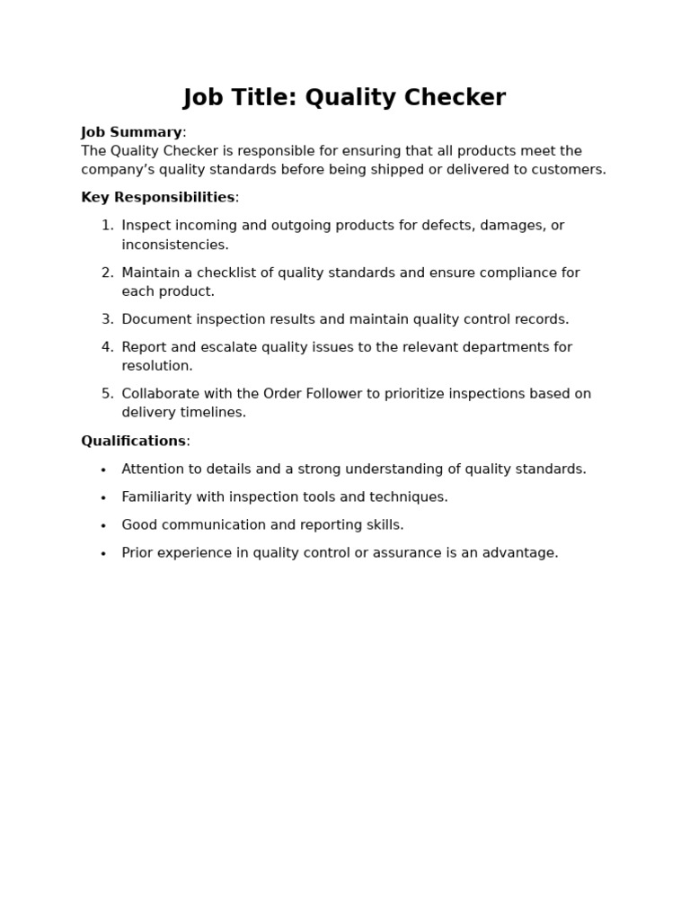 Quality Checker Job Responsibilities | PDF