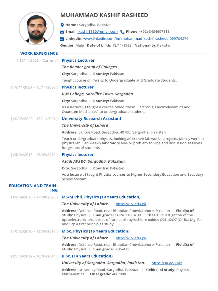 CV Muhammad Kashif Rasheed | PDF | Band Gap | Applied And Interdisciplinary Physics