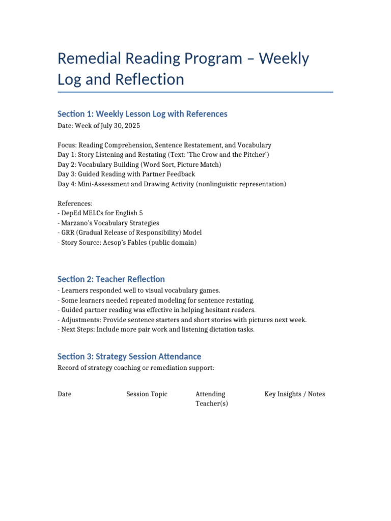 RemedialReading Log WithLearners | PDF