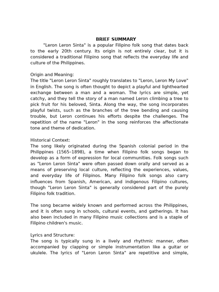 Leron Leron Sinta: A Filipino Folk Song | PDF