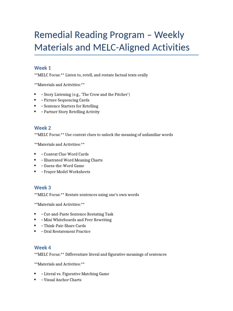 RemedialReading Weekly Materials MELC | PDF