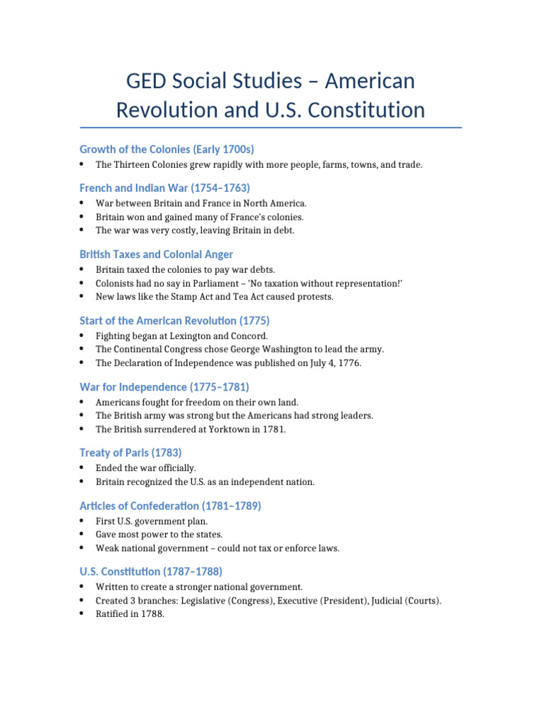 GED American Revolution Notes | PDF