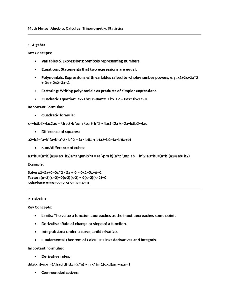 Comprehensive Math Notes: Algebra to Statistics | PDF | Polynomial ...