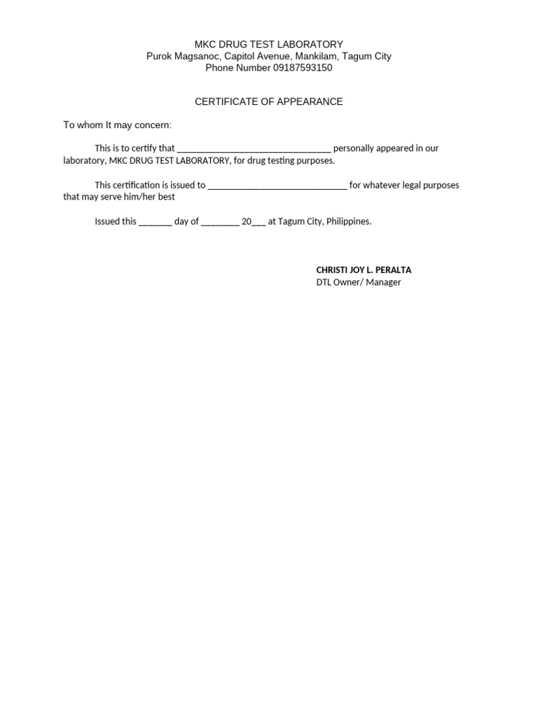 Drug Test Certificate of Appearance | PDF