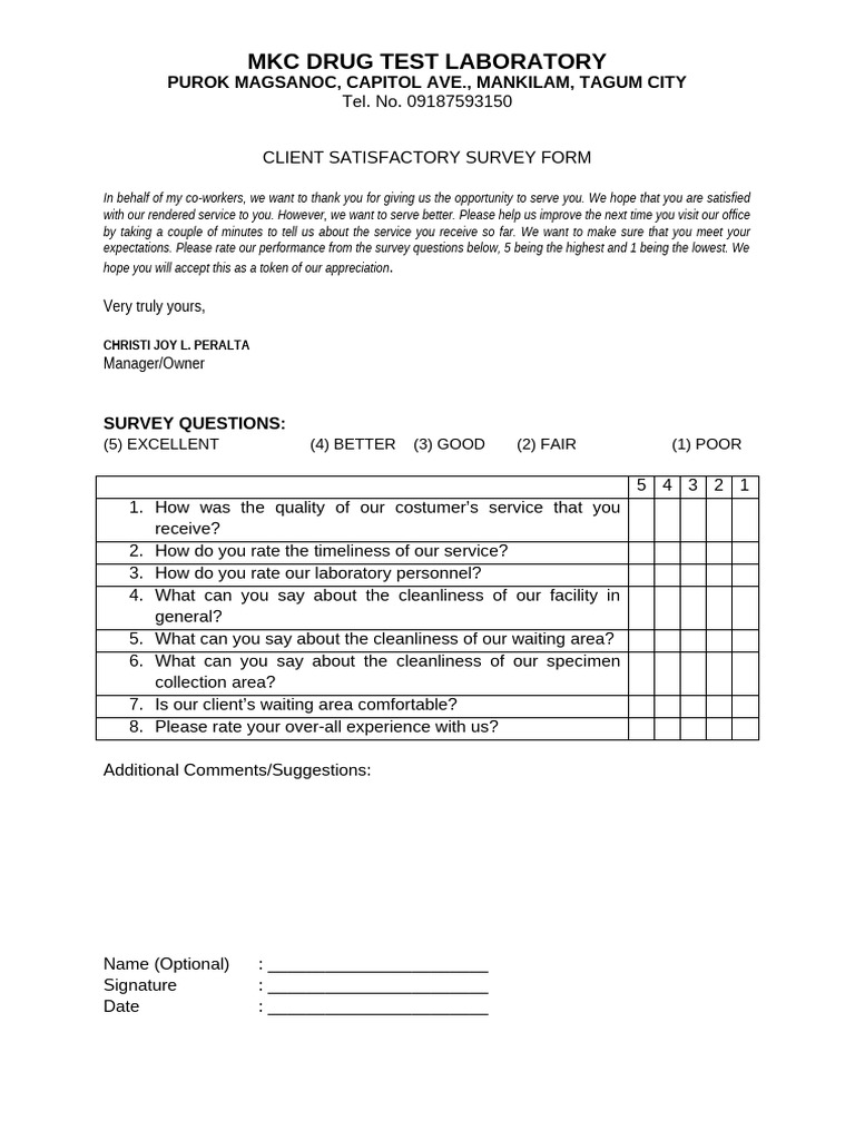 Client Satisfactory Survey MKC Drug Test Laboratory | PDF