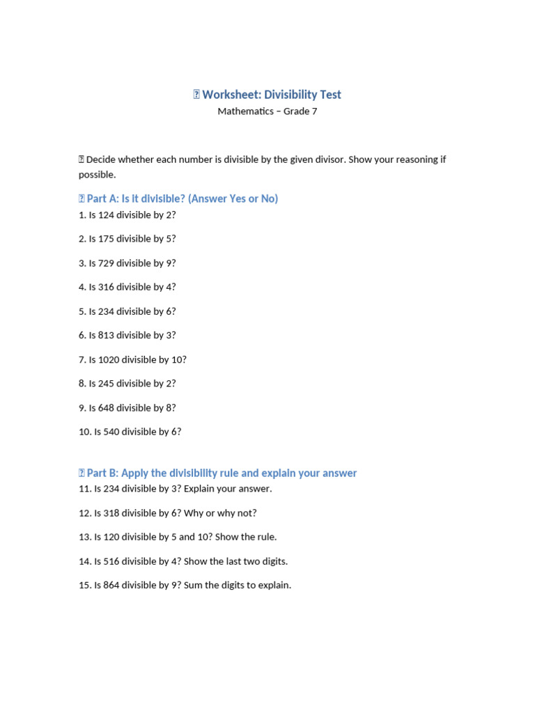 Grade 7 Divisibility Test Worksheet | PDF