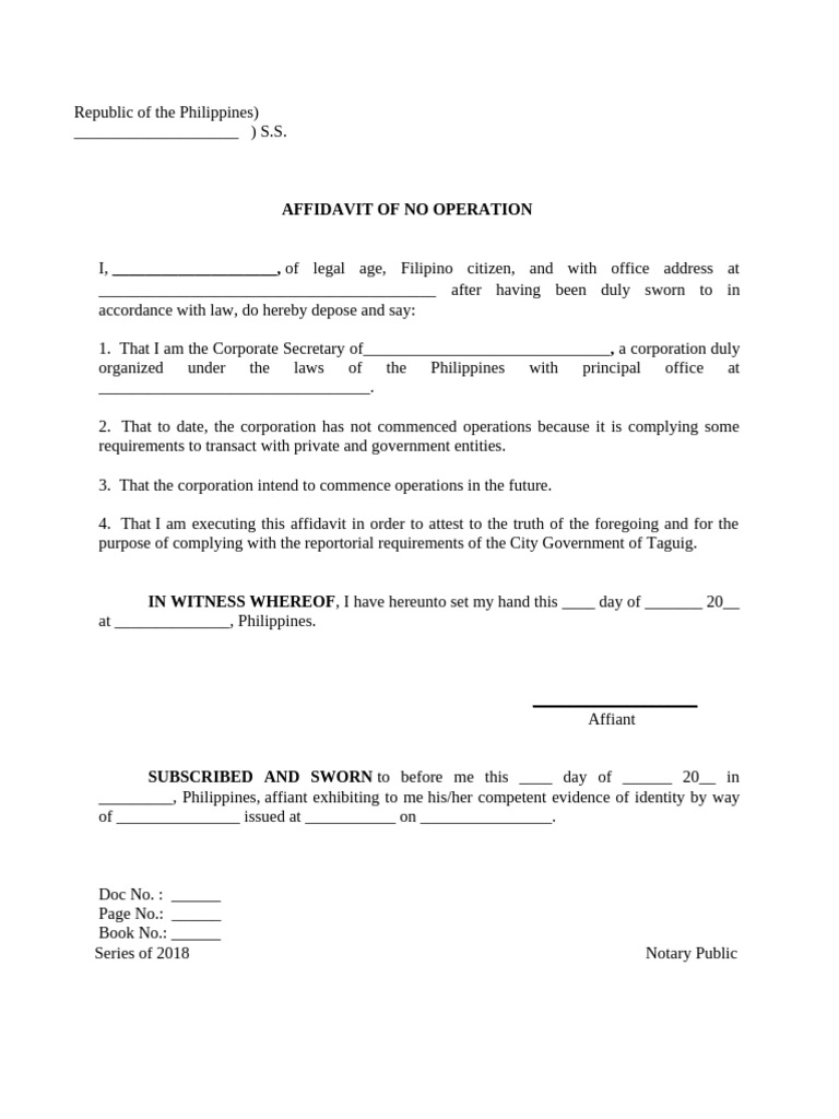 Affidavit of No Operation Sample | PDF