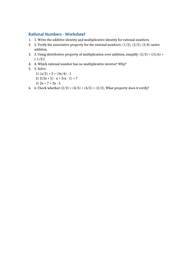Properties of Rational Numbers Worksheet | PDF