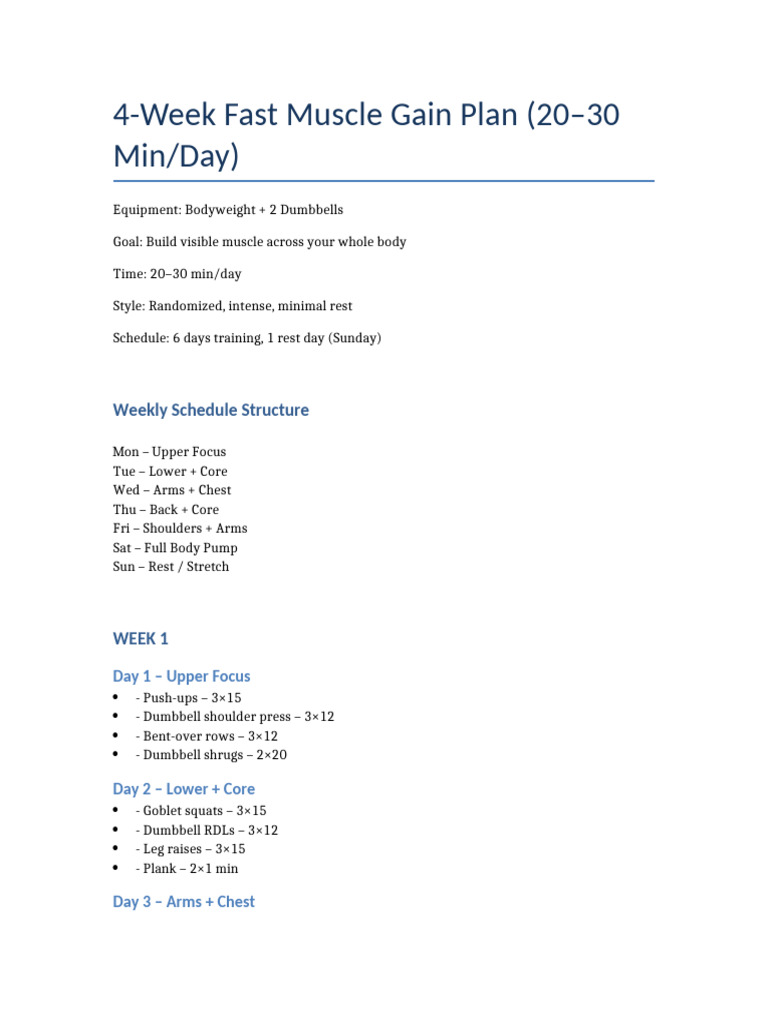 4-Week Muscle Gain Workout Plan | PDF | Weight Training | Strength Training