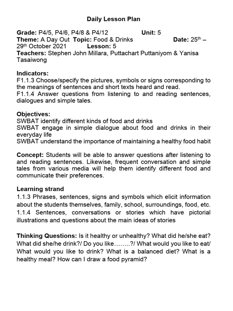 Daily Lesson Plan: Food & Drinks Theme | PDF | Human Communication ...
