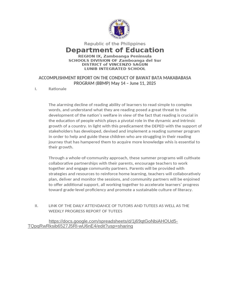 BBMP Accomplishment Report | PDF | Teaching | Learning