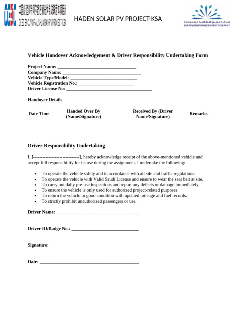 Vehicle Handover Acknowledgement | PDF